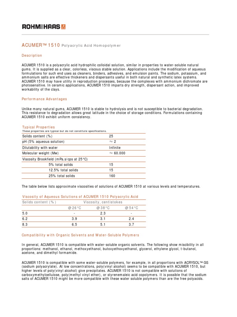 ACUMER™ 1510: Polyacrylic Acid Homopolymer | PDF | Salt (Chemistry ...