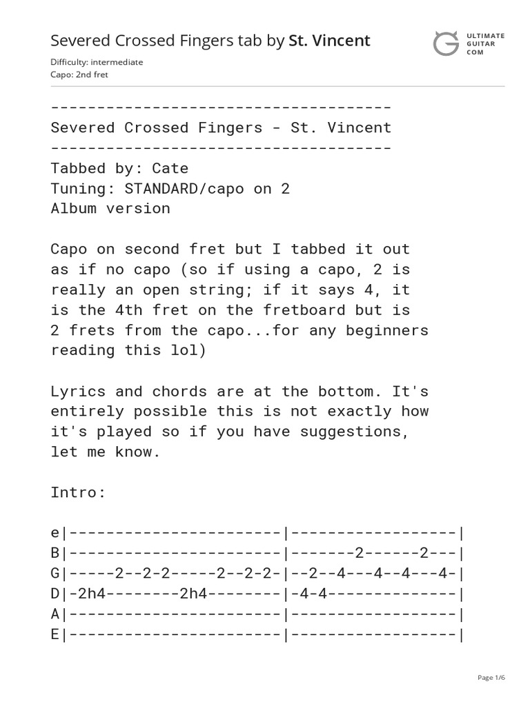 Severed Crossed Fingers Tab by St. Vincenttabs at Ultimate Guitar ...