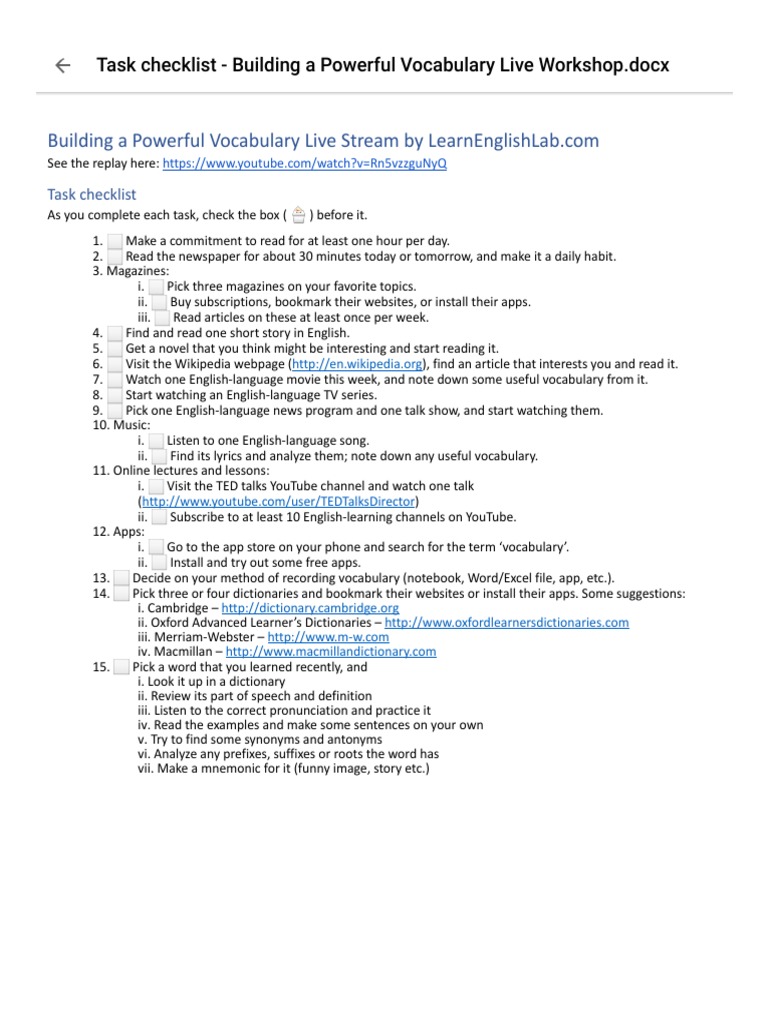 Task Checklist - Building A Powerful Vocabulary Live Workshop PDF | PDF