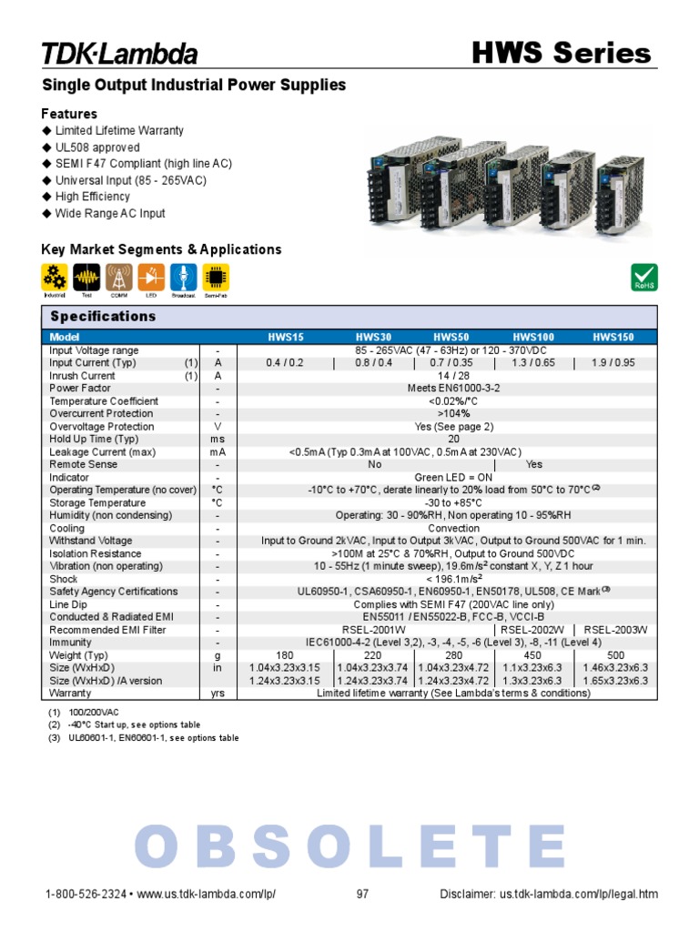 Single Output Industrial Power Supplies: Technical Specifications and ...