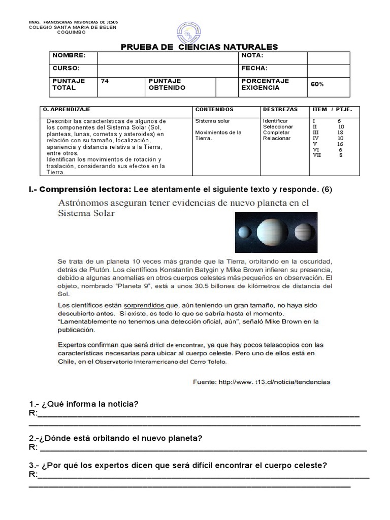 Prueba Del Sistema Solar | PDF | Planetas | Sistema solar