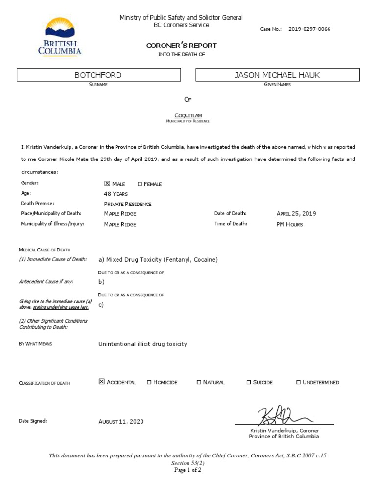 BC Coroner's Report: Accidental Drug Death | PDF | Opioid | Coroner