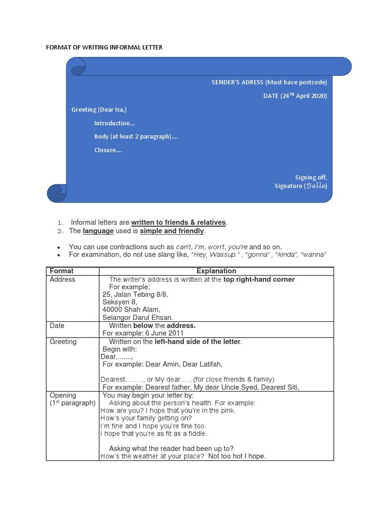 Format Of Informal Letter