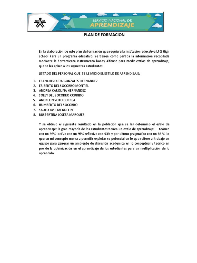 Plan de Formacion | PDF | Evaluación | Aprendizaje