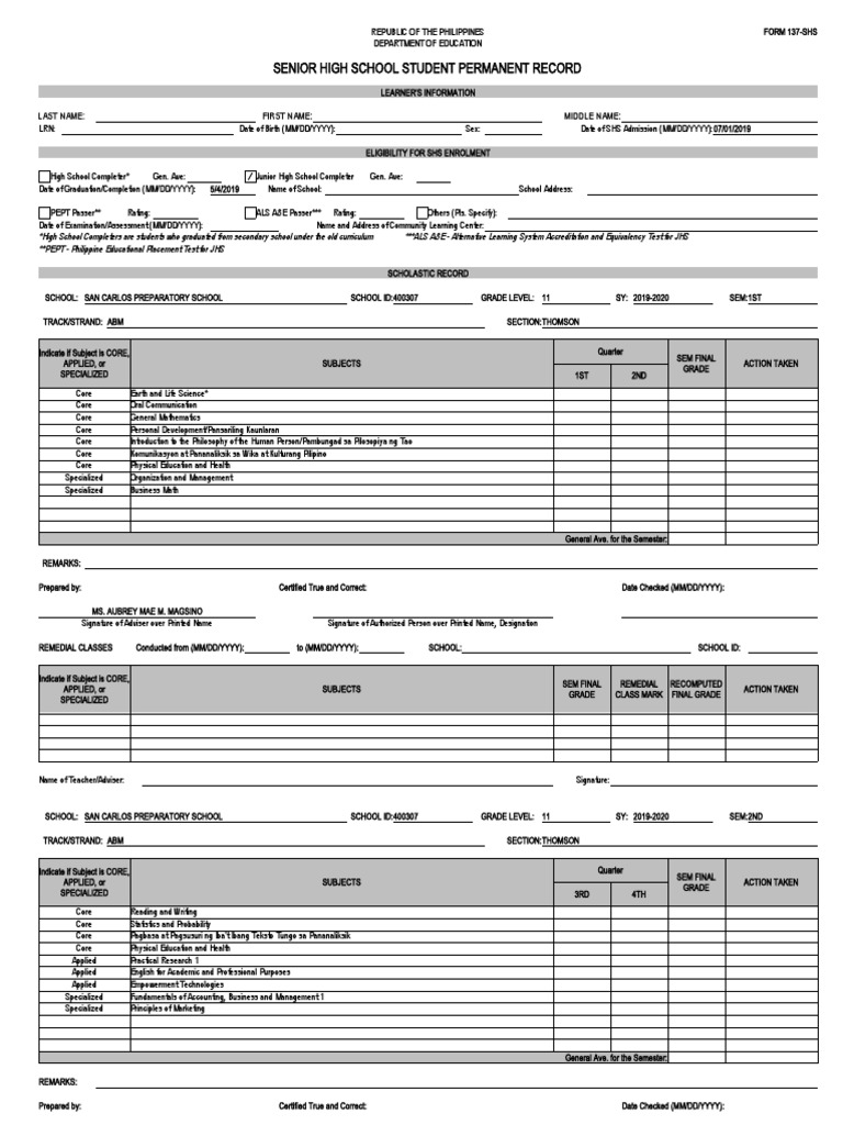 Form 137-SHS Student Permanent Record Title | PDF | Social Science ...