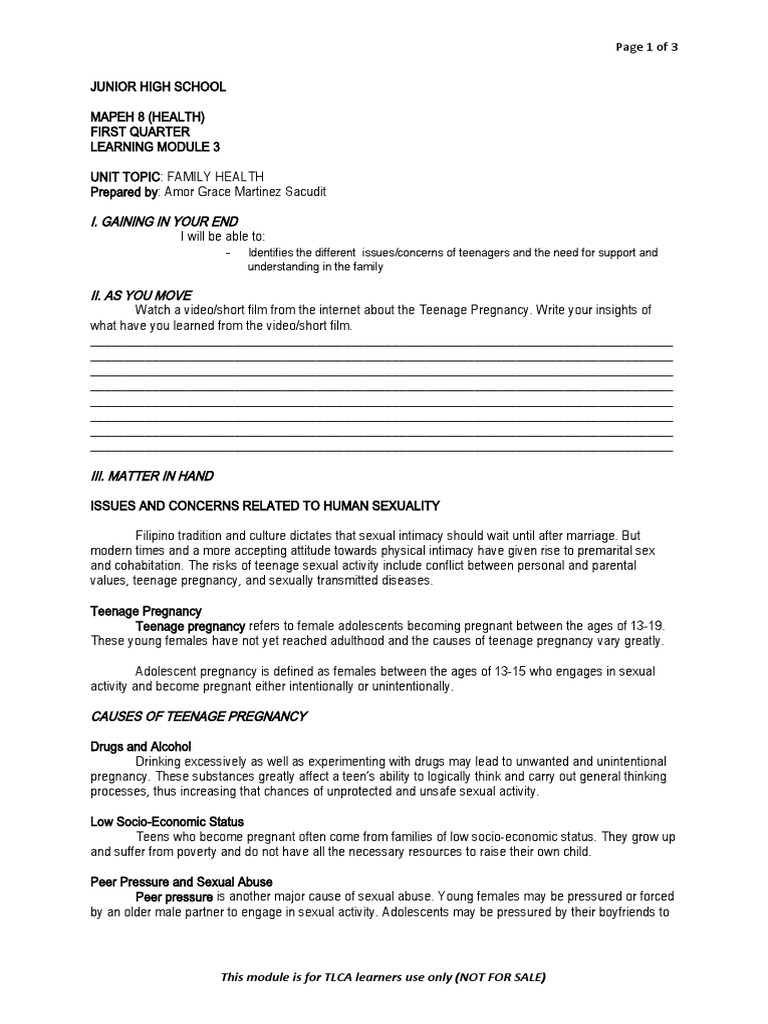 Grade 8 HEALTH Module 3 | PDF | Teenage Pregnancy | Adolescence