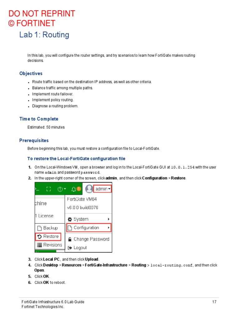 Lab 1: Routing: Do Not Reprint © Fortinet | PDF | Routing | Load Balancing (Computing)