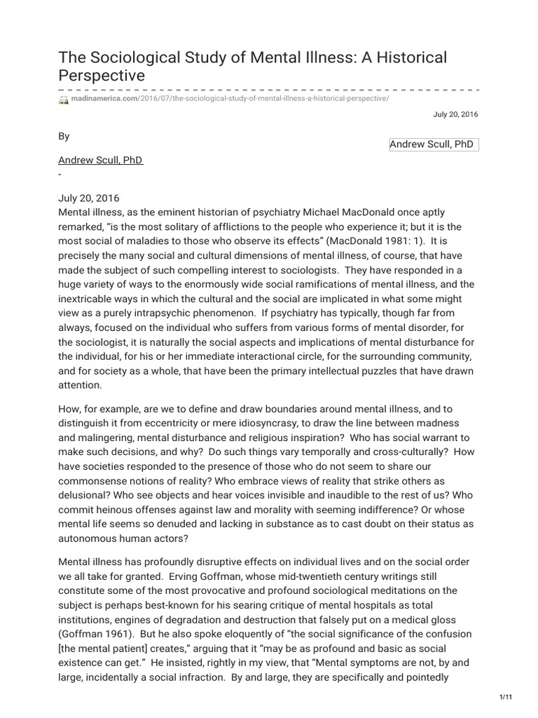 The Sociological Study of Mental Illness A Historical Perspective | PDF ...