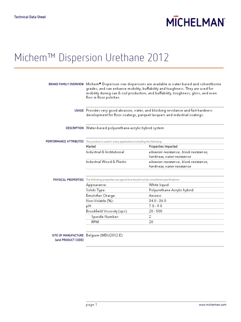Michem™ Dispersion Urethane 2012: Technical Data Sheet | PDF | Emulsion ...