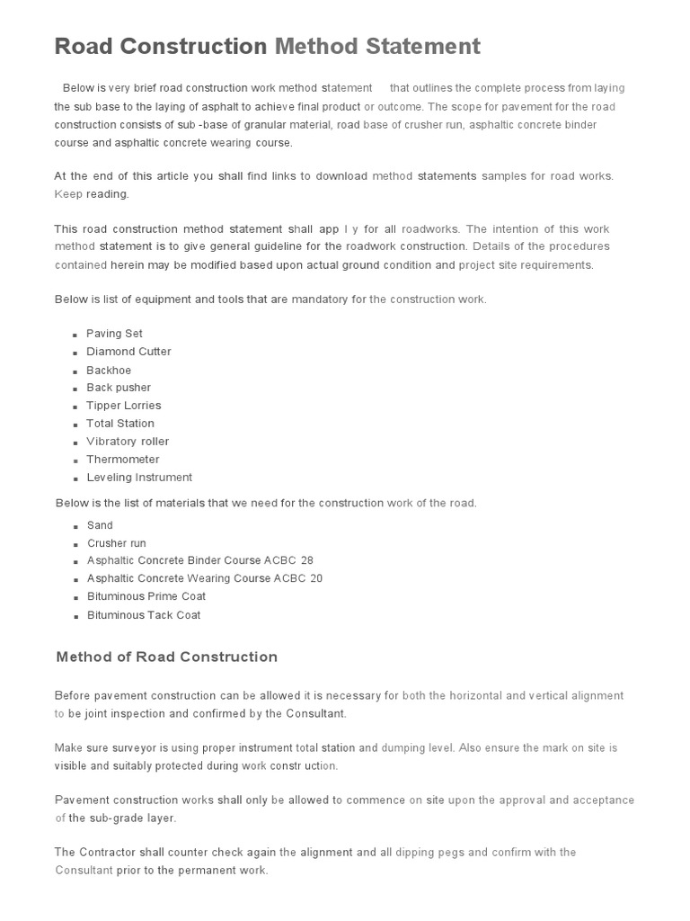 Road Construction Method Statement | PDF | Asphalt | Concrete