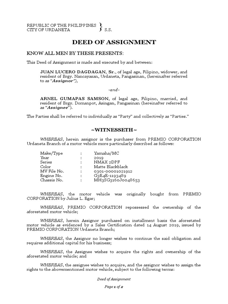Transfer of Vehicle Ownership and Assumption of Payment Obligations ...
