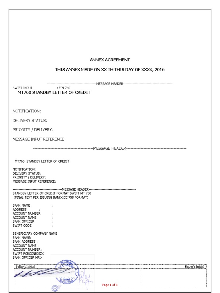 MT760 Standby Letter of Credit Format | PDF | Letter Of Credit | Business Law