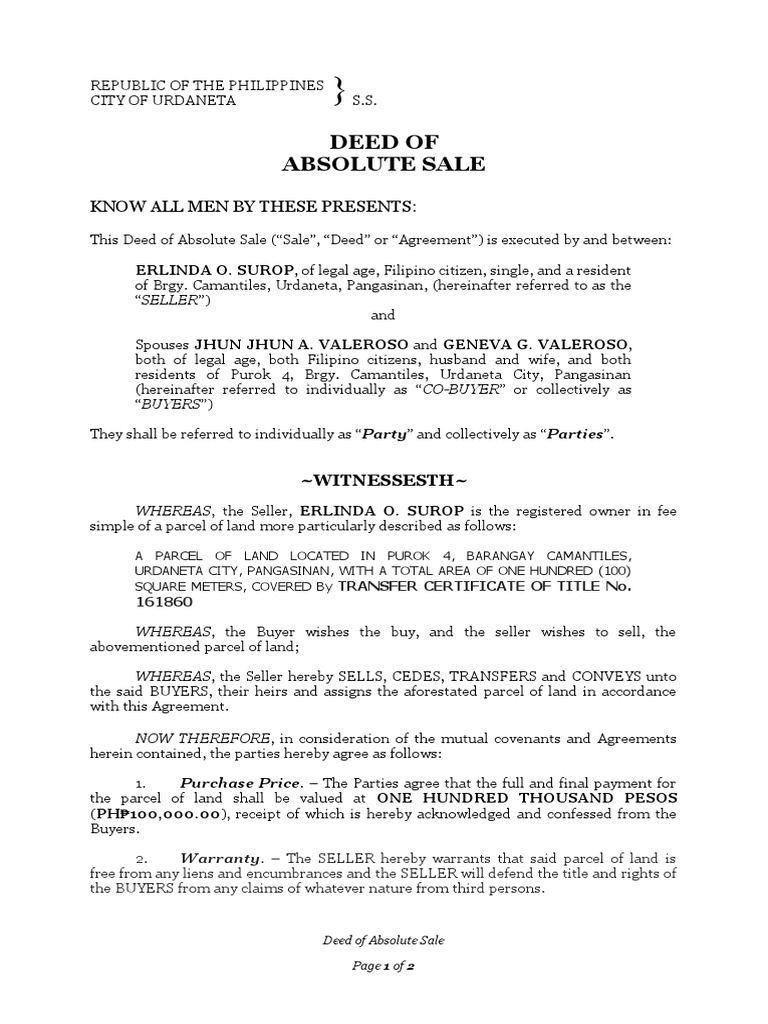 Deed of Absolute Sale for Parcel | PDF | Deed | Sales