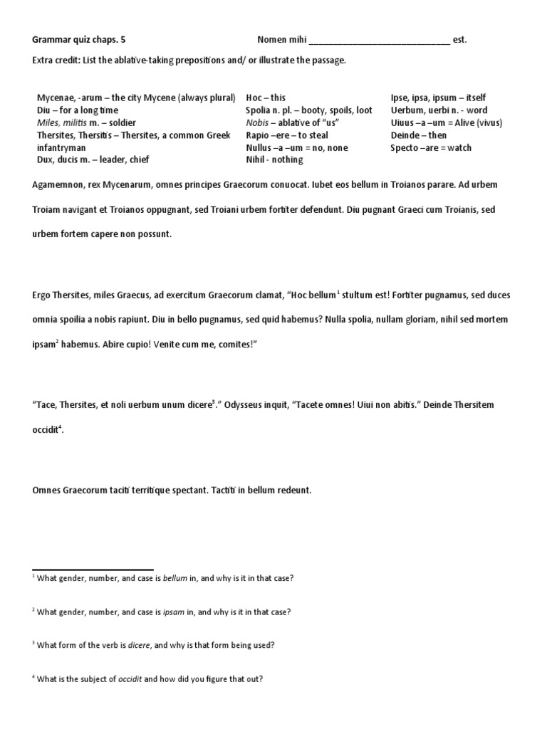 Miles, Militis M. - Soldier Nobis - Ablative of "Us": Grammar Quiz Chaps. 5 | PDF