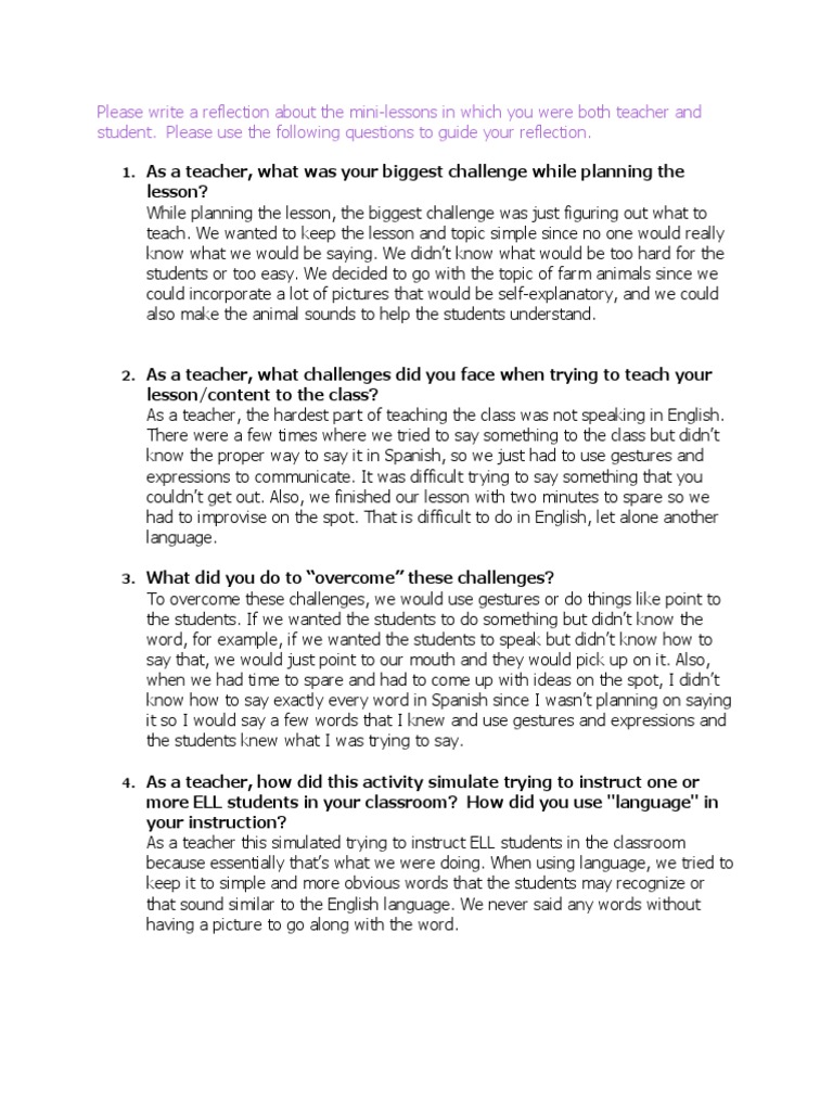 Ell Spanish Mini Lesson Reflection | PDF | Classroom | Gesture