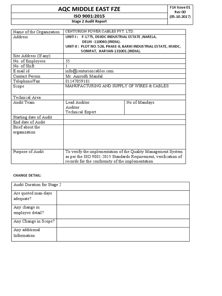 Aqc Middle East Fze: Stage 2 Audit Report | PDF | Iso 9000 | Audit