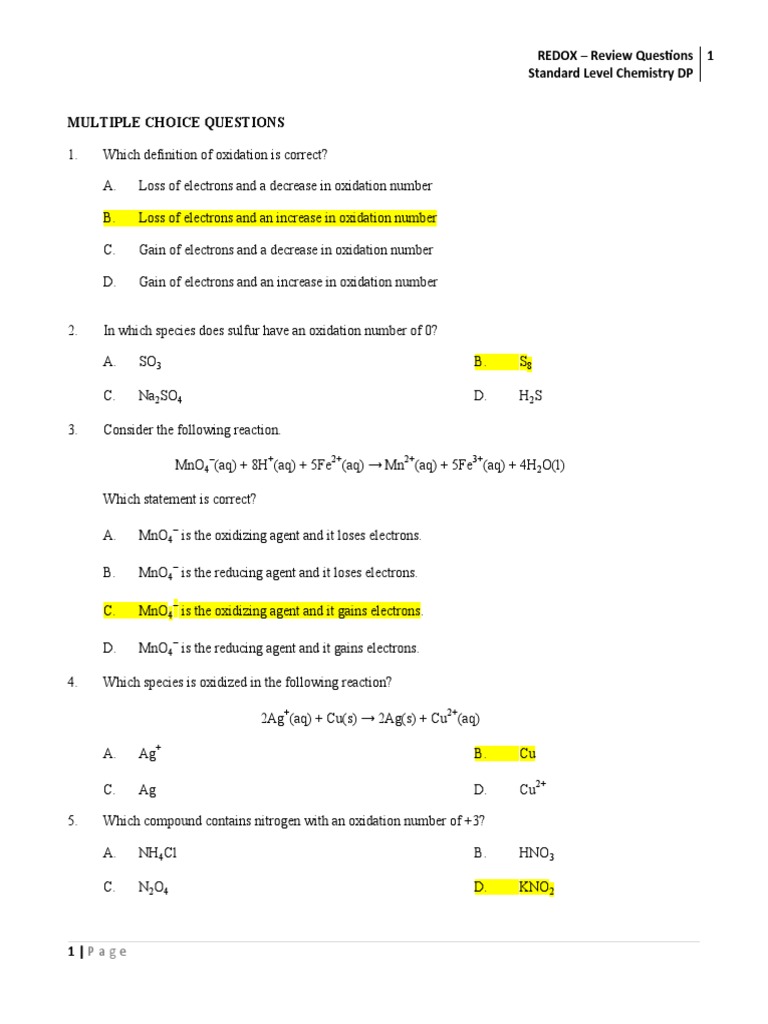 REDOX - Review Questions Standard Level Chemistry DP 1 | PDF | Redox ...