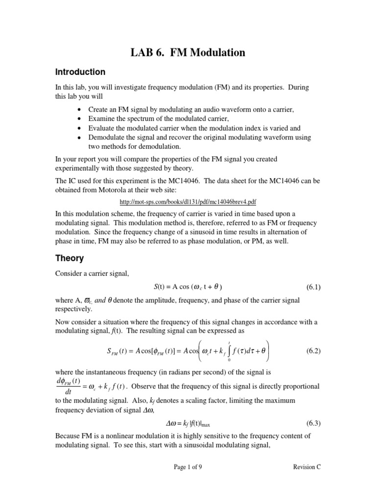 LAB 6. FM Modulation: S (T) A Cos (And | PDF | Frequency Modulation | Modulation