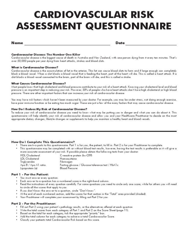 Cardiovascular Risk Assessment Questionnaire: Name Date | PDF ...