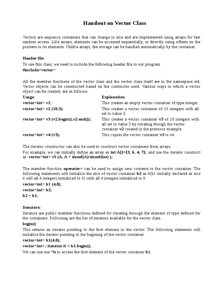 Vector Handout On C Vector Class Pdf Array Data Structure Constructor Object Oriented 2959