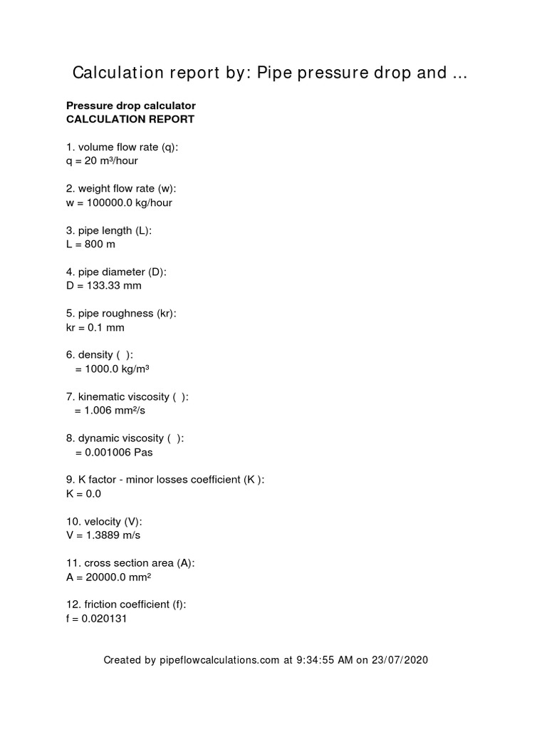 Calculation Report By: Pipe Pressure Drop and .. | PDF