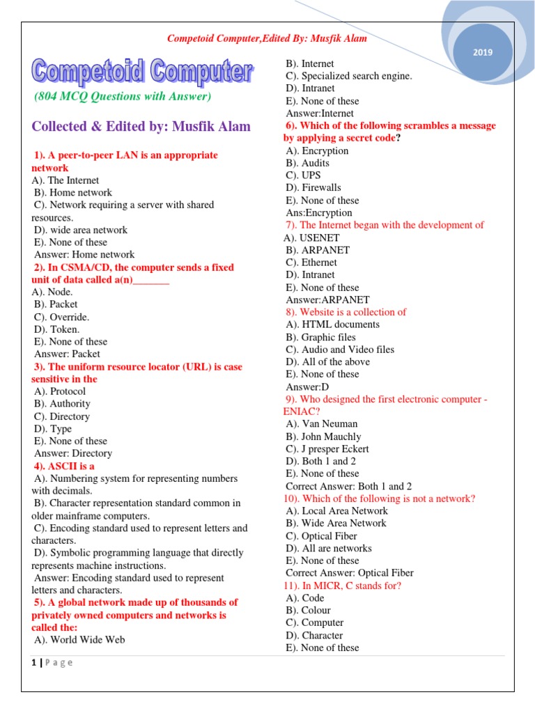 Collected & Edited By: Musfik Alam: (804 MCQ Questions With Answer) | PDF | Computer Data ...
