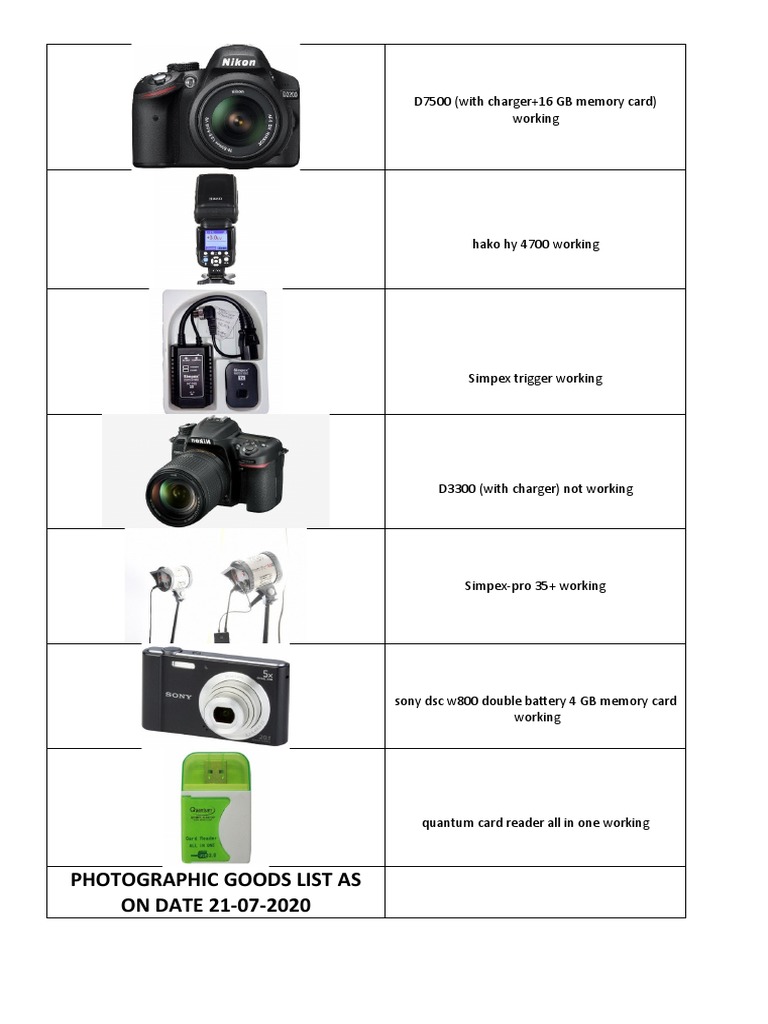 Photographic Goods List As ON DATE 21-07-2020: D7500 (With Charger+16 ...