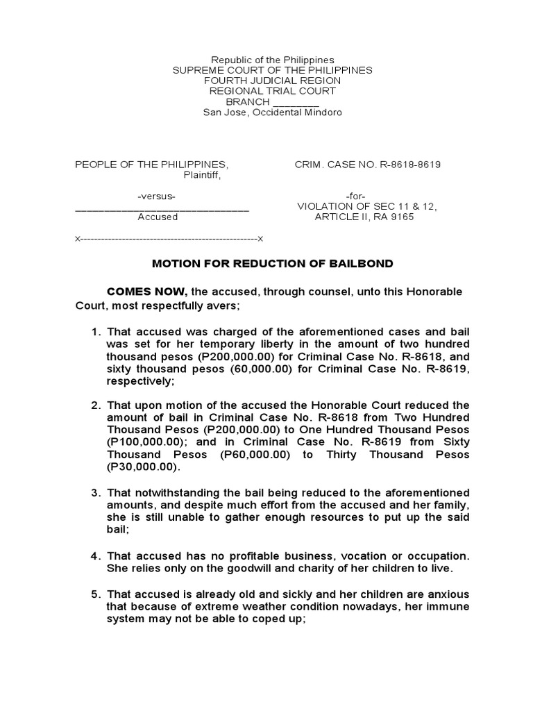 Motion For Reduction of Bailbond | PDF | Bail | Government Institutions