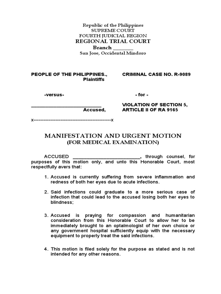 Urgent Motion For Medical Examination | PDF | Prosecutor | Constitutional Law