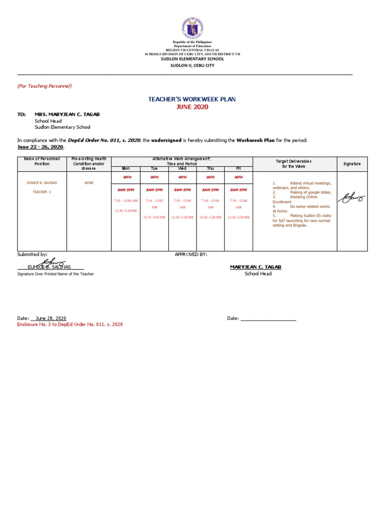 WORK WEEK PLAN - Docx 1 | PDF