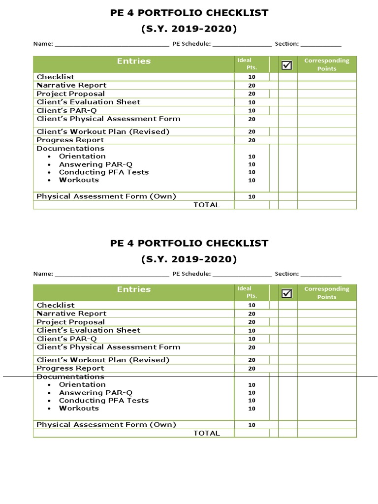 PE 4 Portfolio Checklist: A Comprehensive Guide to Documenting Fitness ...