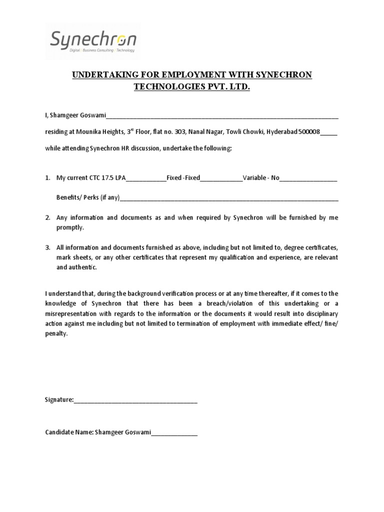 Employment Undertaking for Synechron | PDF | Career & Growth | Business