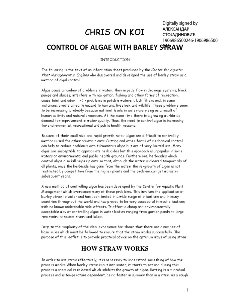 Chris On Koi Control of Algae With Barley Straw | PDF | Algae | Hydrogen Peroxide