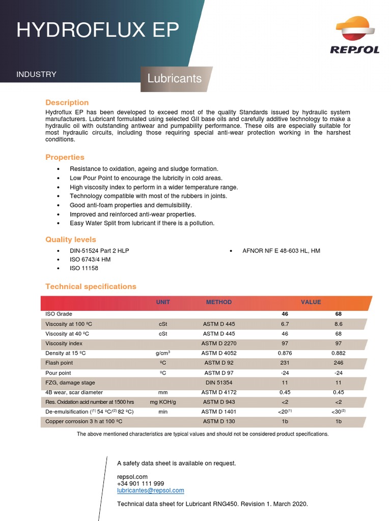 Repsol Hydroflux EP Hydraulic Oil Specs | PDF | Lubricant | Viscosity