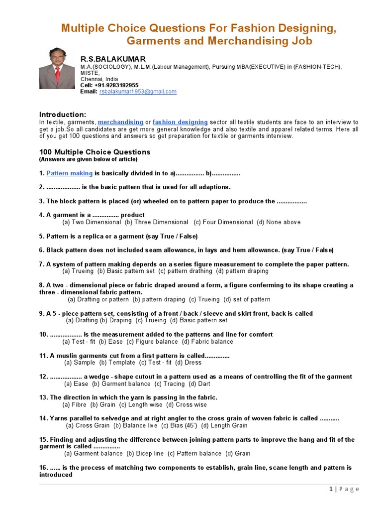 Fashion Design MCQs for Interviews | PDF | Yarn | Fibers