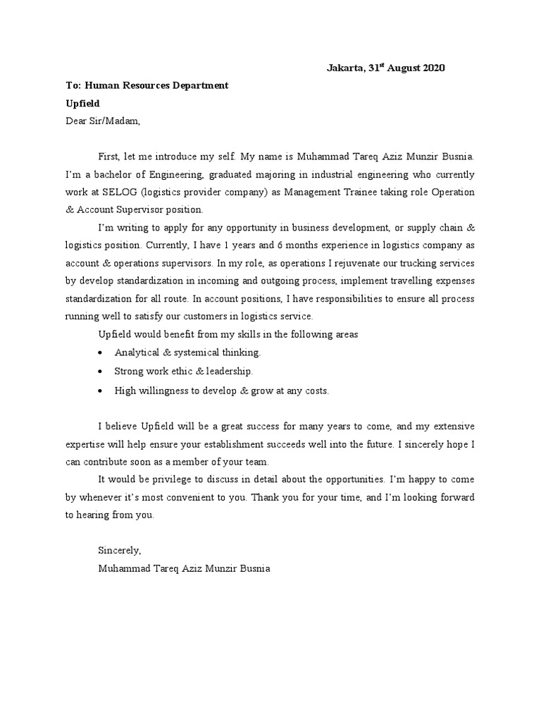 Cover Letter - Muhammad Tareq Aziz - Upfield | PDF