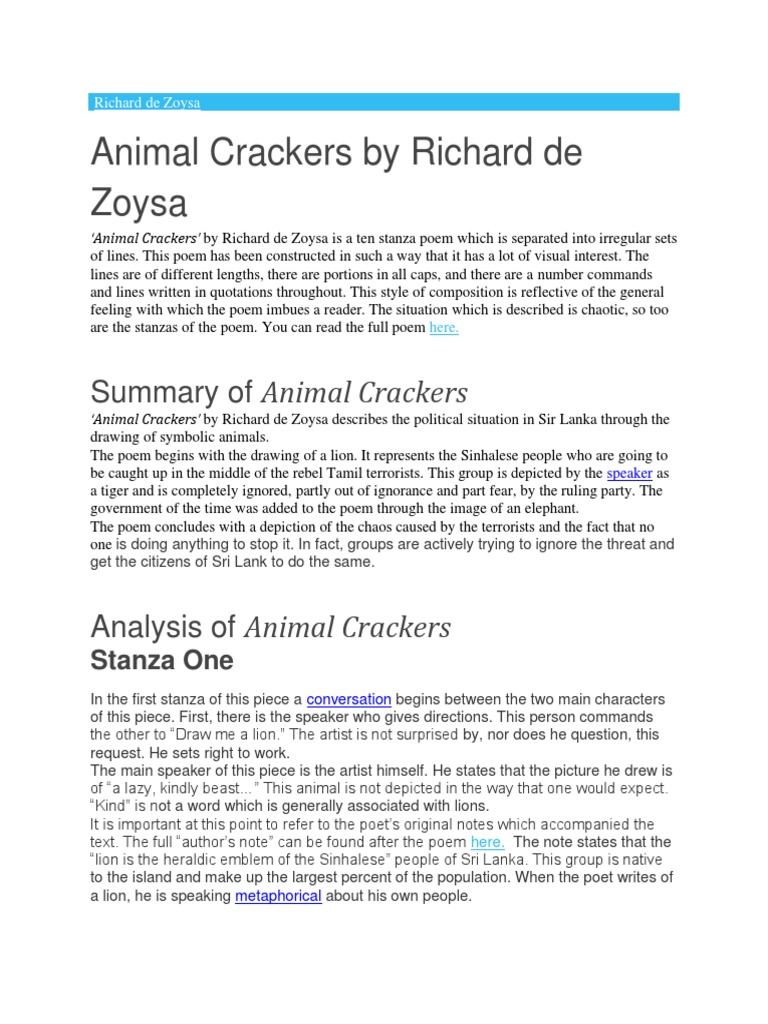 A Close Analysis of Richard de Zoysa's Poem 'Animal Crackers' and its ...