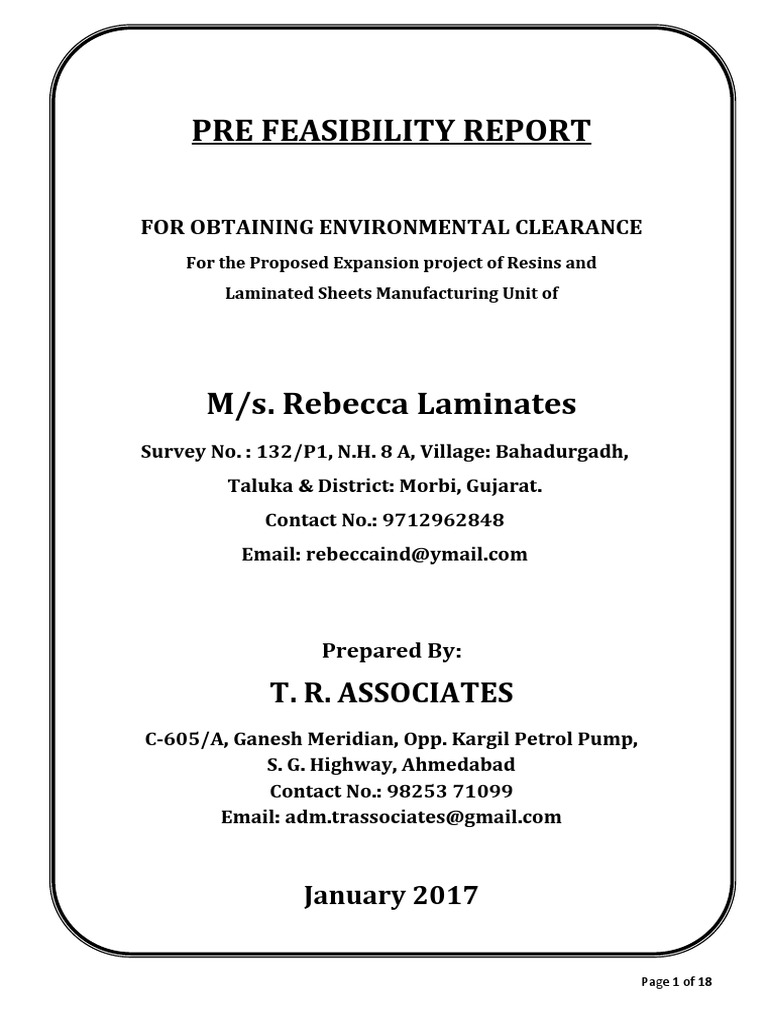 Pre-Feasibility Report for Rebecca Laminates | PDF | Formaldehyde ...