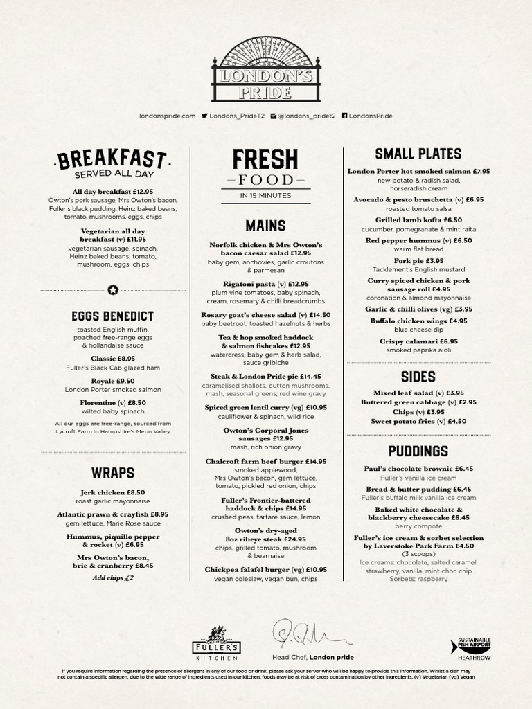 London Pride Menu Highlights | PDF | Sausage | French Fries