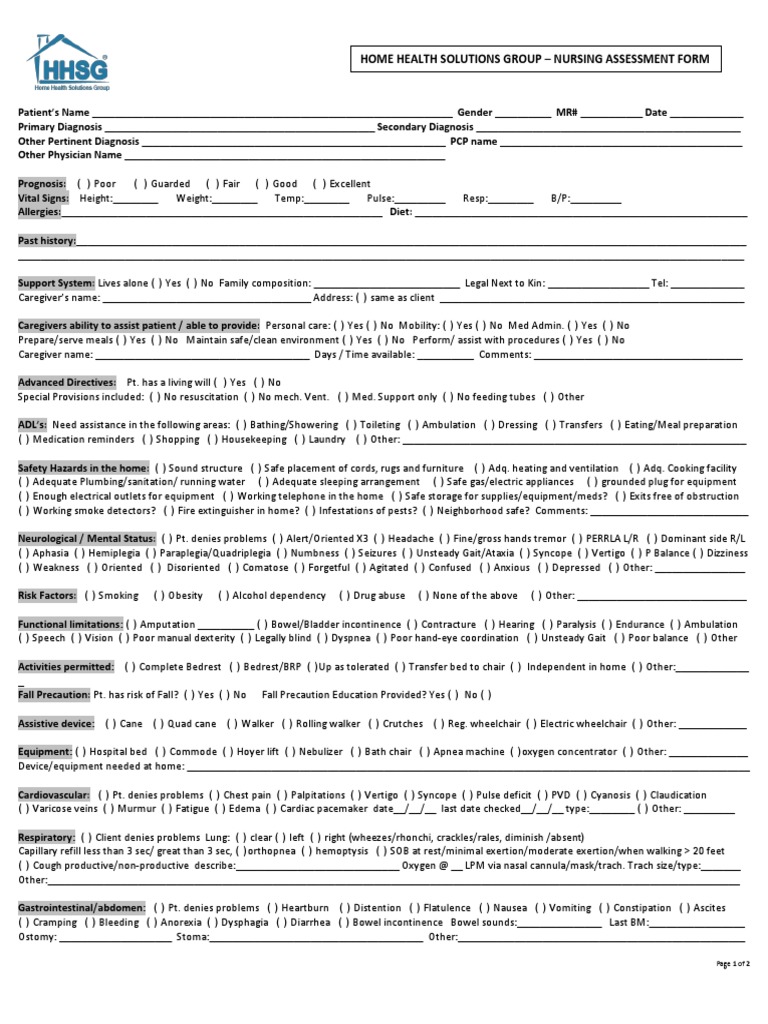 Home Health Solutions Group - Nursing Assessment Form: Page 1 of 2 ...