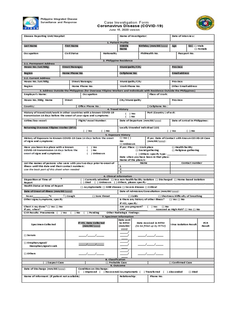 Coronavirus Disease (COVID-19) : Case Investigation Form | PDF | Common ...