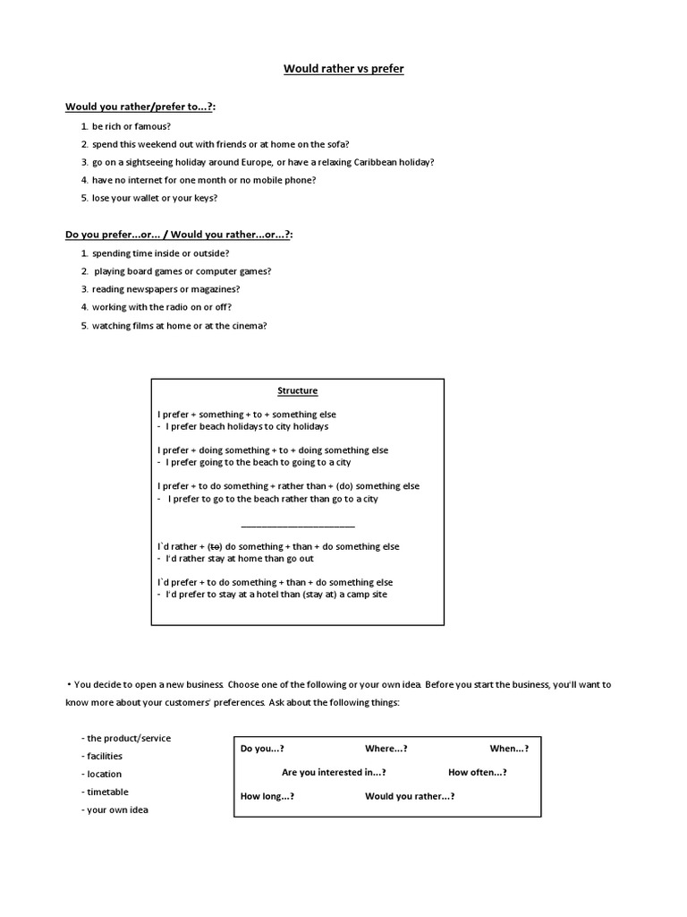 Prefer Would Prefer Would Rather (Conversation Questions, Structure) | PDF