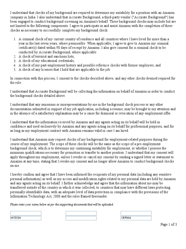 Background Check and Consent Form For Amazon India | PDF | Background ...