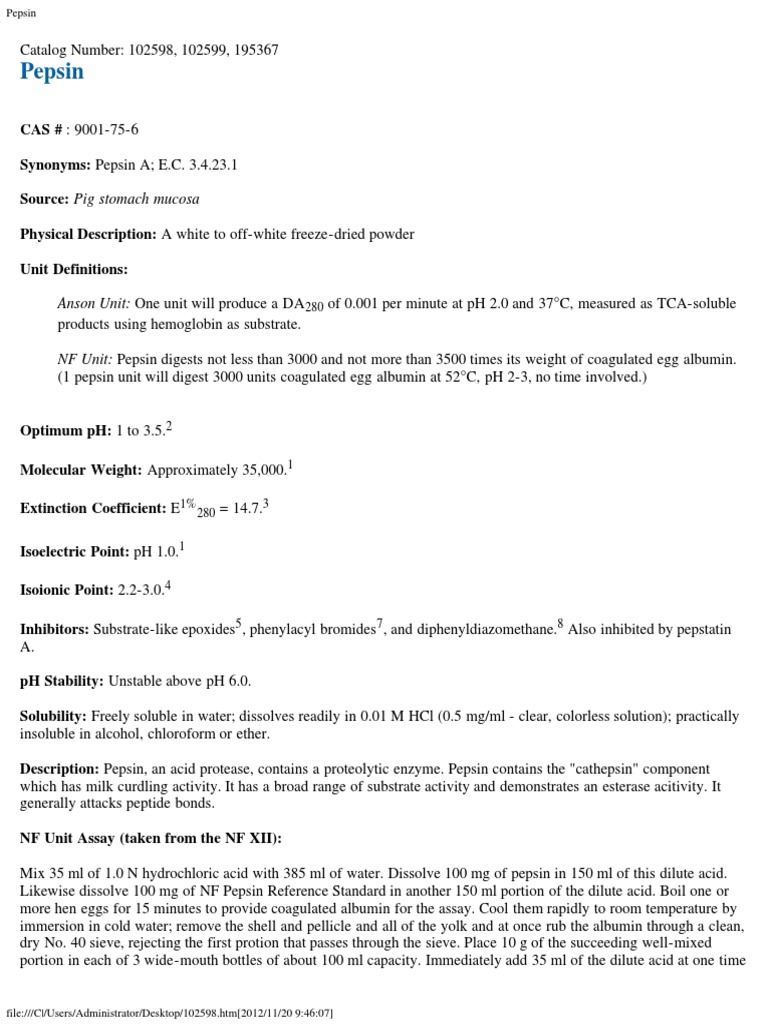 Pepsin Characteristics and Assays | PDF | Mass Concentration (Chemistry ...