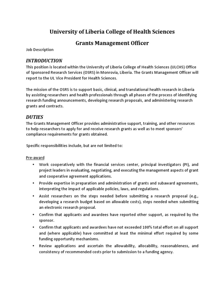 Grants Management Officer | PDF | Grant (Money) | Institutional Review ...