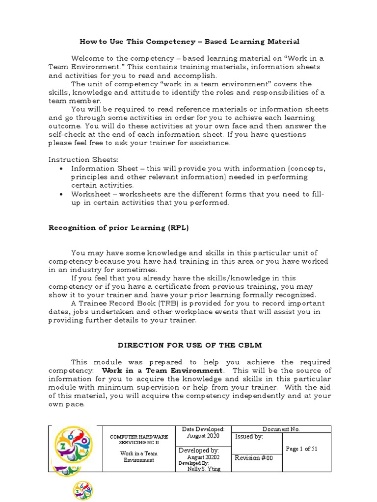 CBLM Work in A Team Environment | PDF | Competence (Human Resources) | Cognition