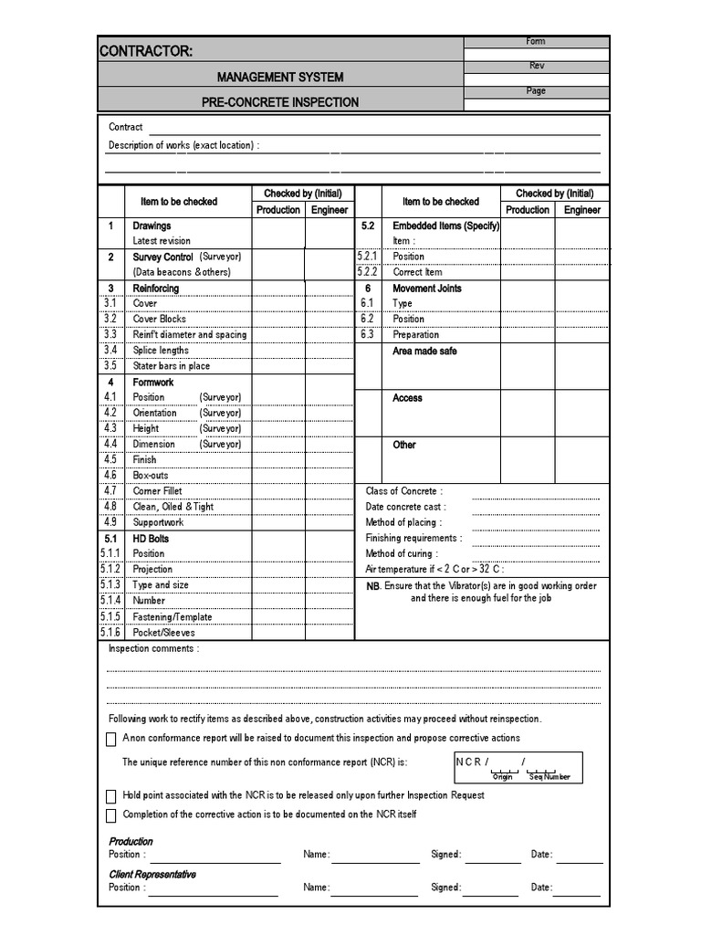 Pre-Concrete Inspection Form | PDF | Surveying | Civil Engineering