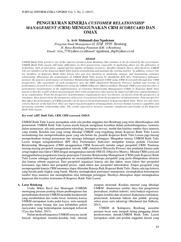 Management (CRM) Menggunakan CRM Scorecard Dan: Pengukuran Kinerja Customer Relationship Omax ...