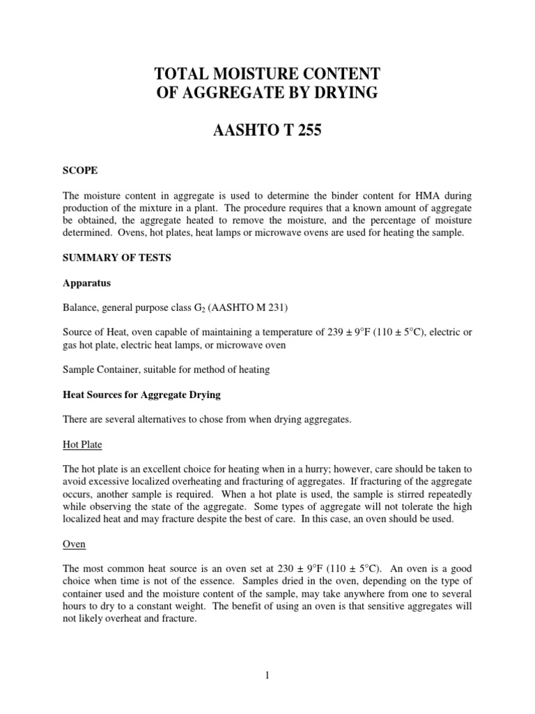 Total Moisture Content of Aggregate by Drying Aashto T 255: Scope | PDF ...