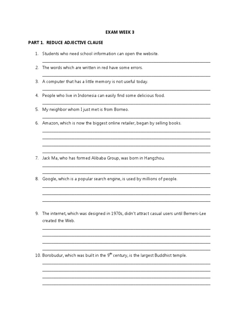 Exam Week 3 Part 1. Reduce Adjective Clause | PDF | Communication ...